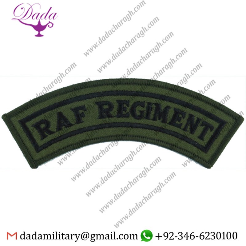 RAF REGIMENT - CURVED SHOULDER TITLE BLACK OLIVE EMBROIDERED AIR FORCE