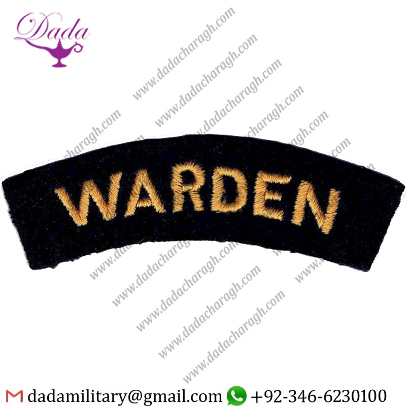 MACHINE EMBROIDERY BADGES WARDEN TITLE YELLOW ON DARK BLUE EMBROIDERED